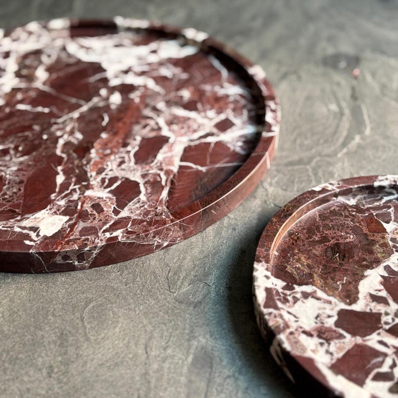 Rosso Levanto Round Marble Decorative Trays, Burgundy Natural Stone ...