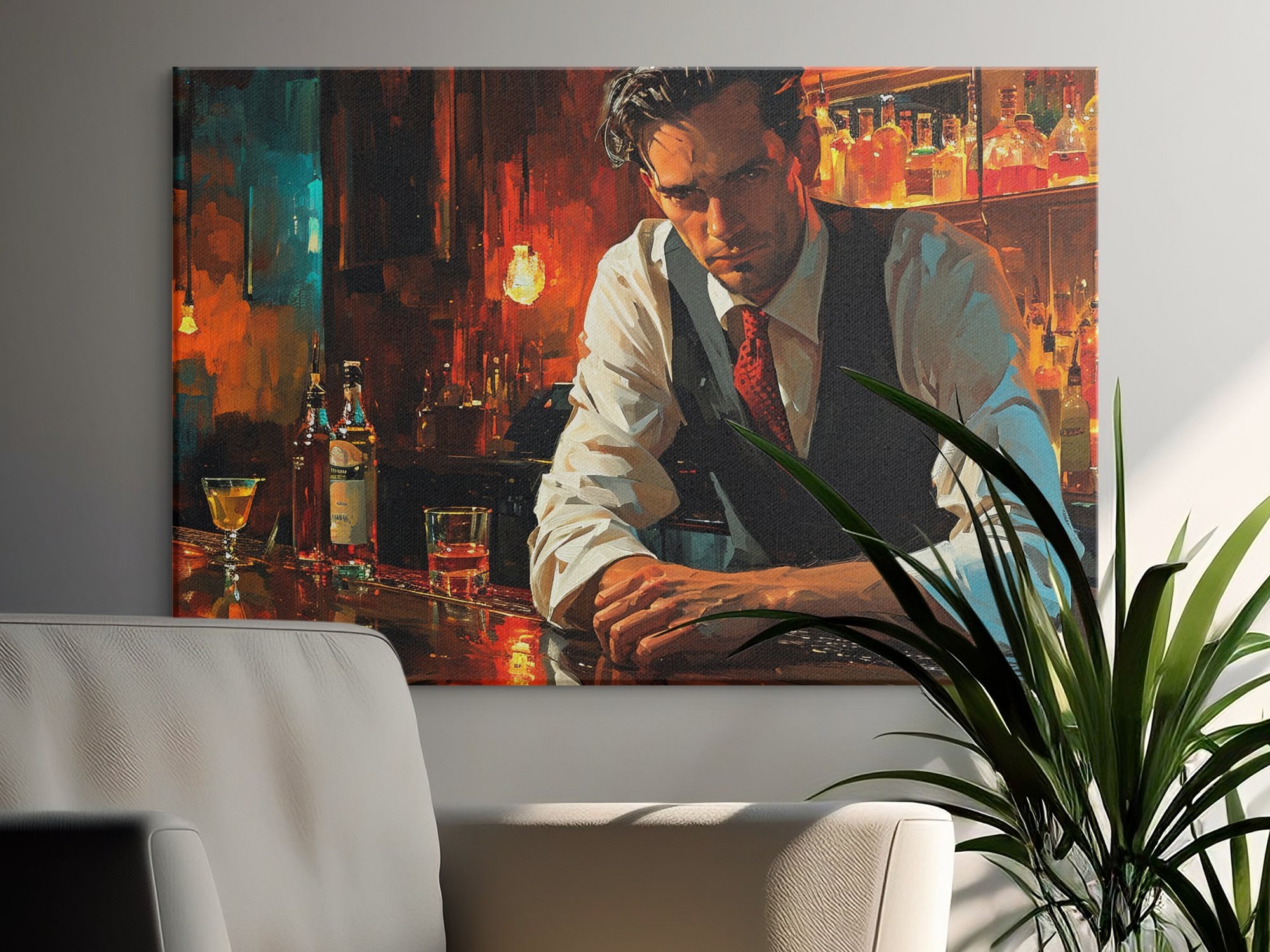 Vintage Bar Scene Canvas Art, Classic Bartender Painting, Retro Man at ...
