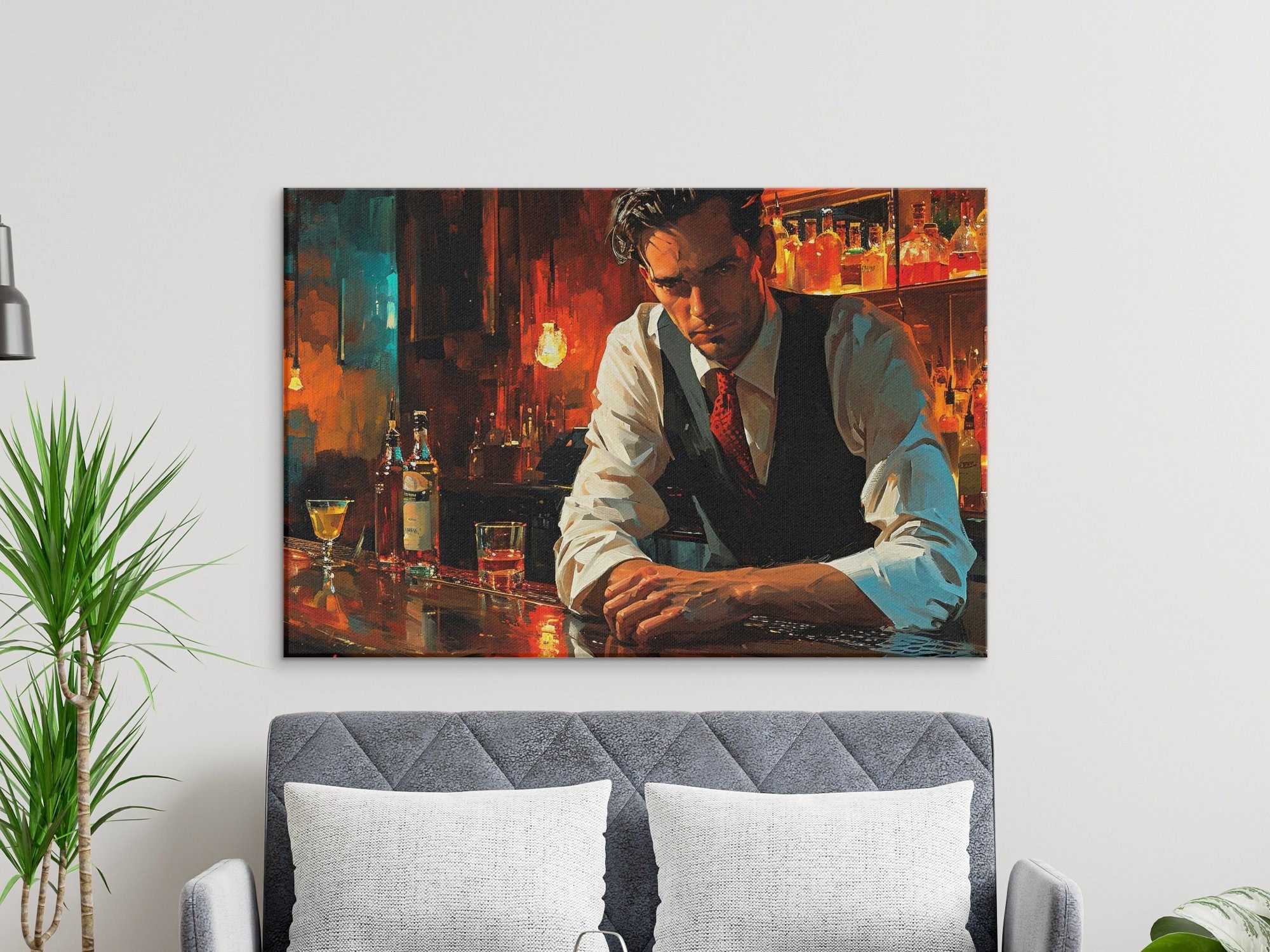 Vintage Bar Scene Canvas Art, Classic Bartender Painting, Retro Man at ...