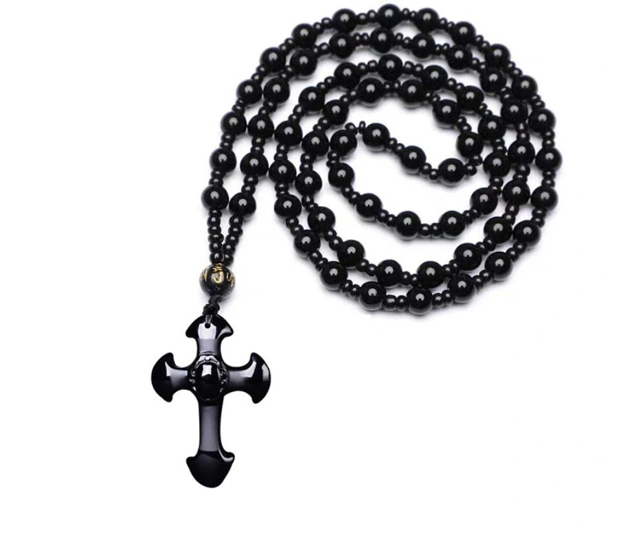 Christian Cross Obsidian Pendant - Hand Engraved Vintage - Etsy