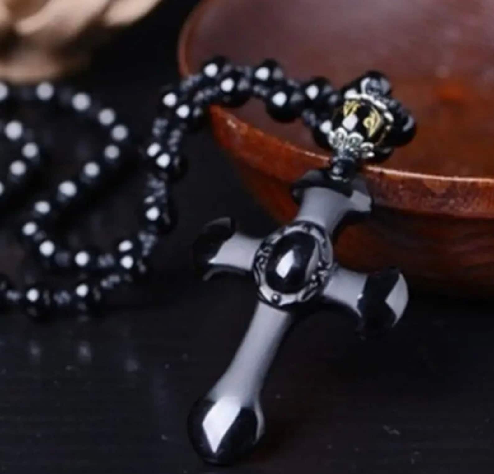 Christian Cross Obsidian Pendant - Hand Engraved Vintage - Etsy