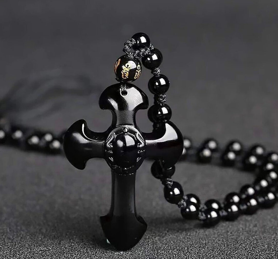 Christian Cross Obsidian Pendant - Hand Engraved Vintage - Etsy