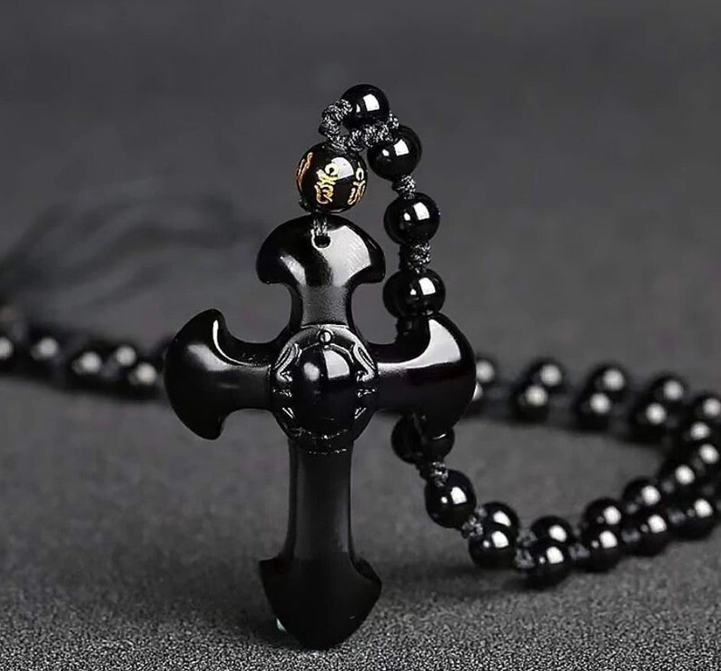 Christian Cross Obsidian Pendant - Hand Engraved Vintage - Etsy