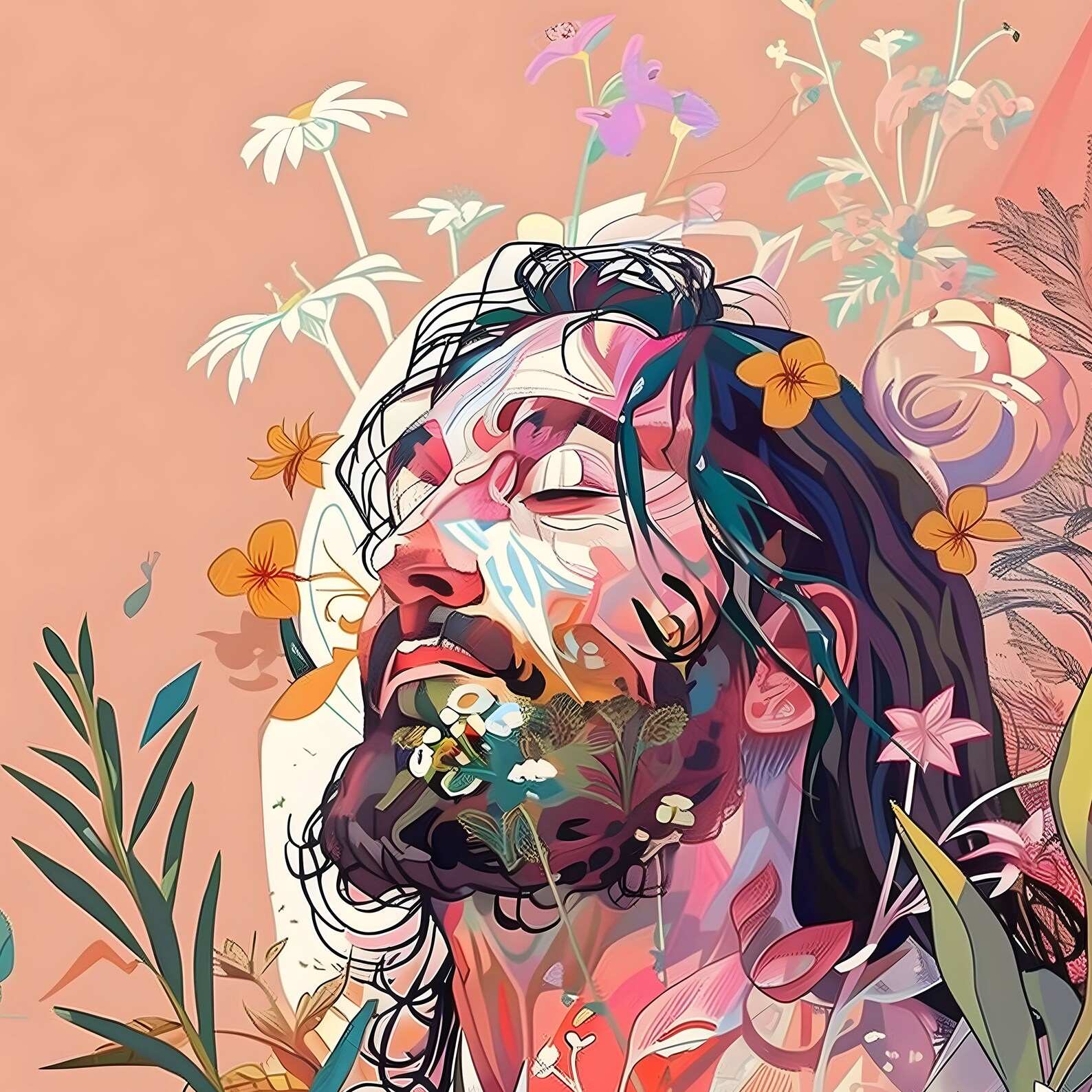 Jesus in Bloom: Jesus Art Illustration, Divine Connection With Nature ...
