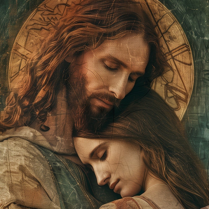 Jesus Art Holding Mary Magdalene, Colorful Da Vinci Style Artwork ...