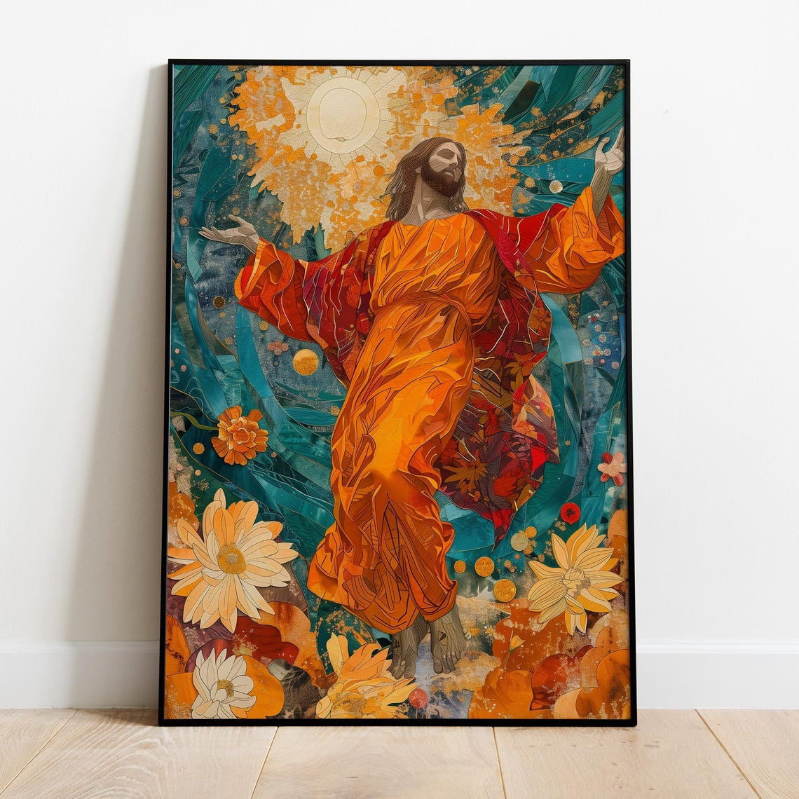 Jesus Christ Art Illustration, Ascension Day, Vibrant Orange Floral ...