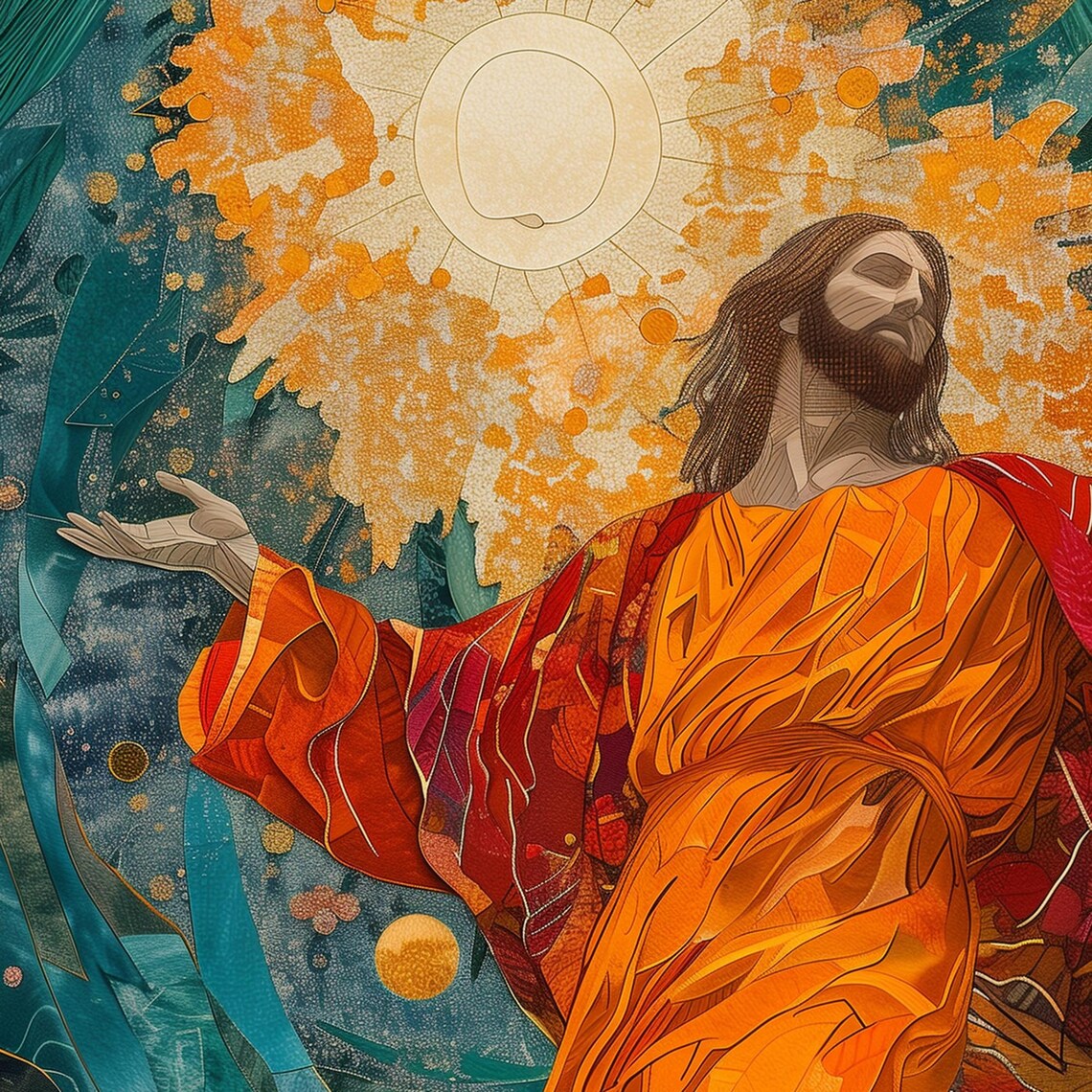 Jesus Christ Art Illustration, Ascension Day, Vibrant Orange Floral ...