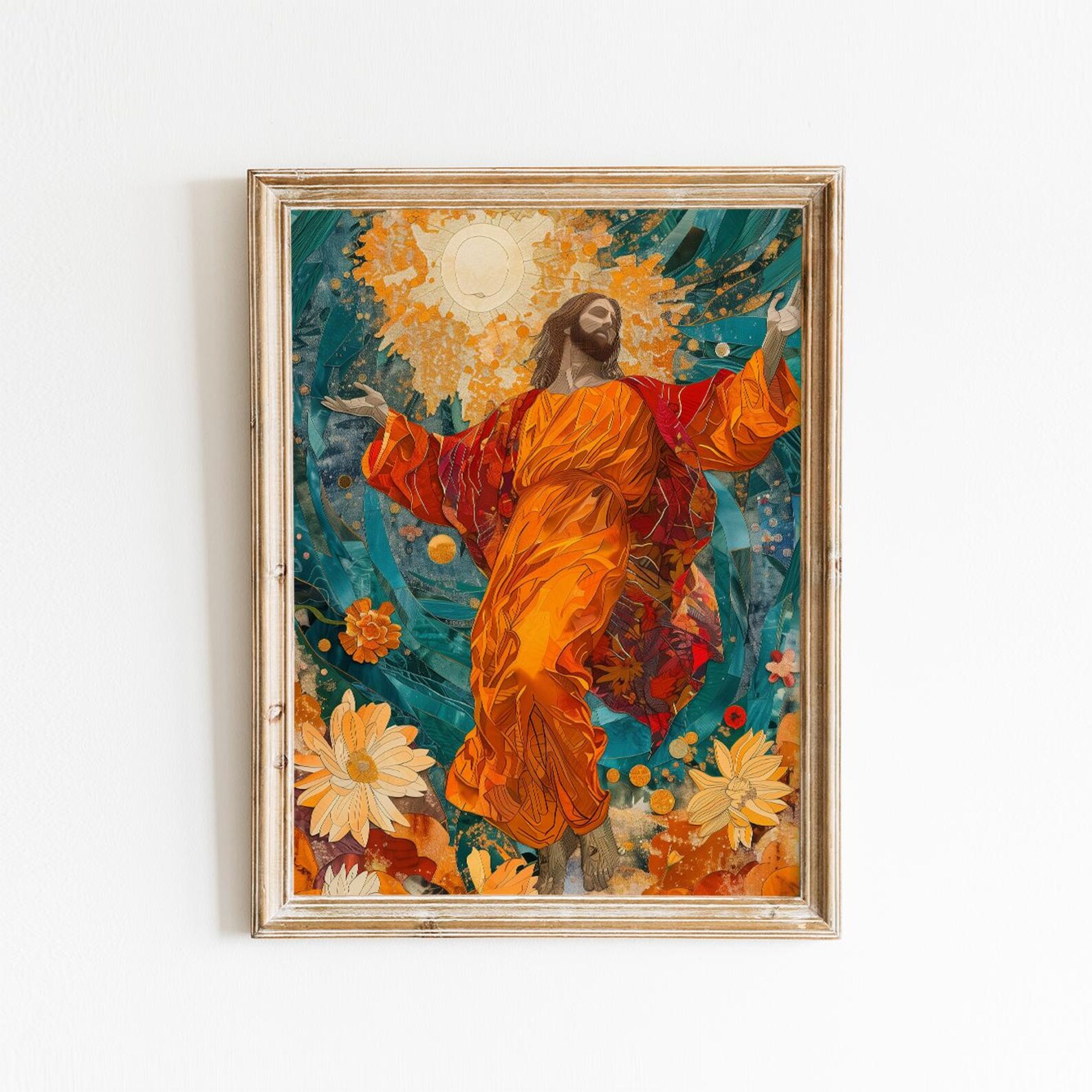 Jesus Christ Art Illustration, Ascension Day, Vibrant Orange Floral ...