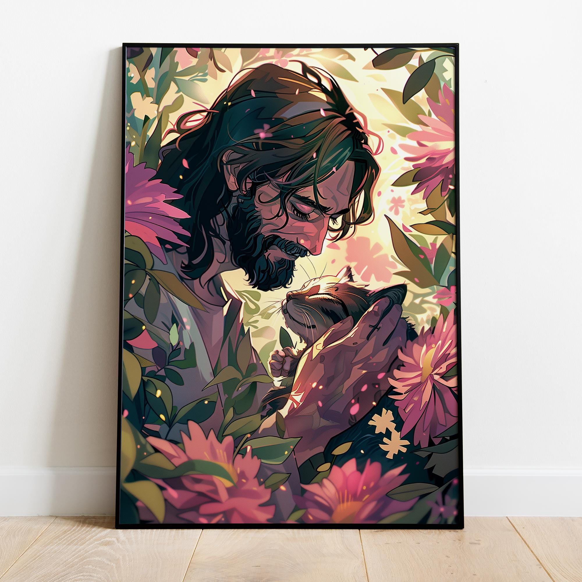 Christian Art: Jesus Smiling With a Cat, Jesus Cats and Flowers ...