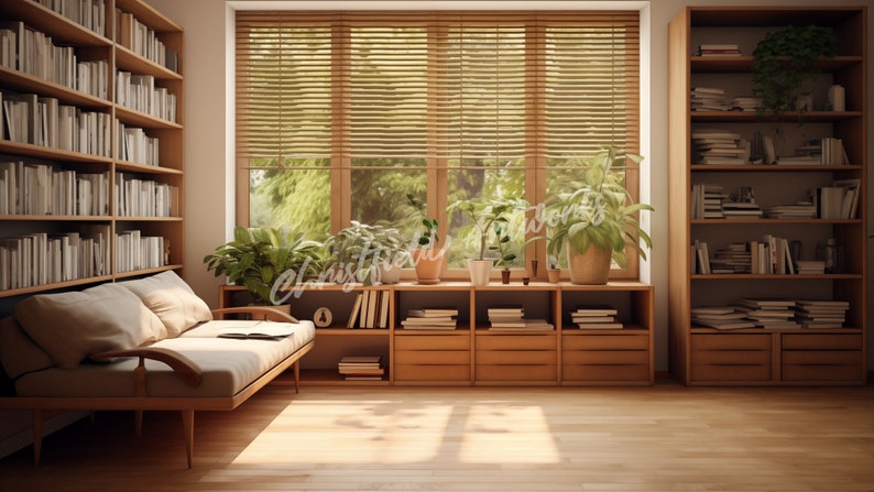Modern Room With Large Window, Plants, Bookshelf Background Image for ...