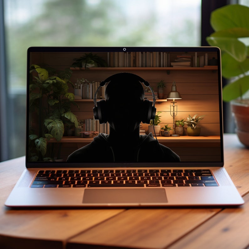 Wood Shelves With Lamp Background for Online Meetings, Virtual Backdrop ...