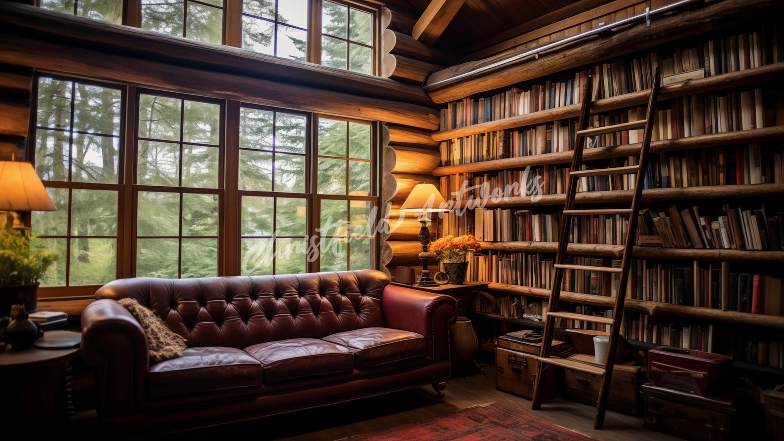 Log Cabin, Bookshelves, Large Windows, Natural Light, Background Image ...