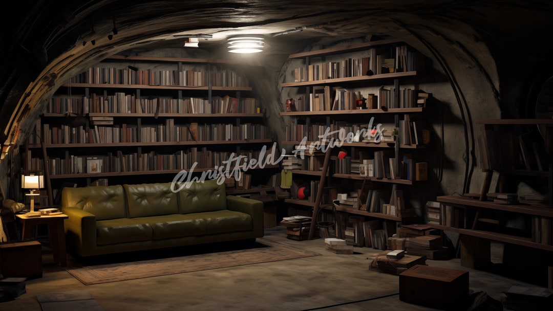 Underground Bunker With Bookshelves Background Image for Online ...