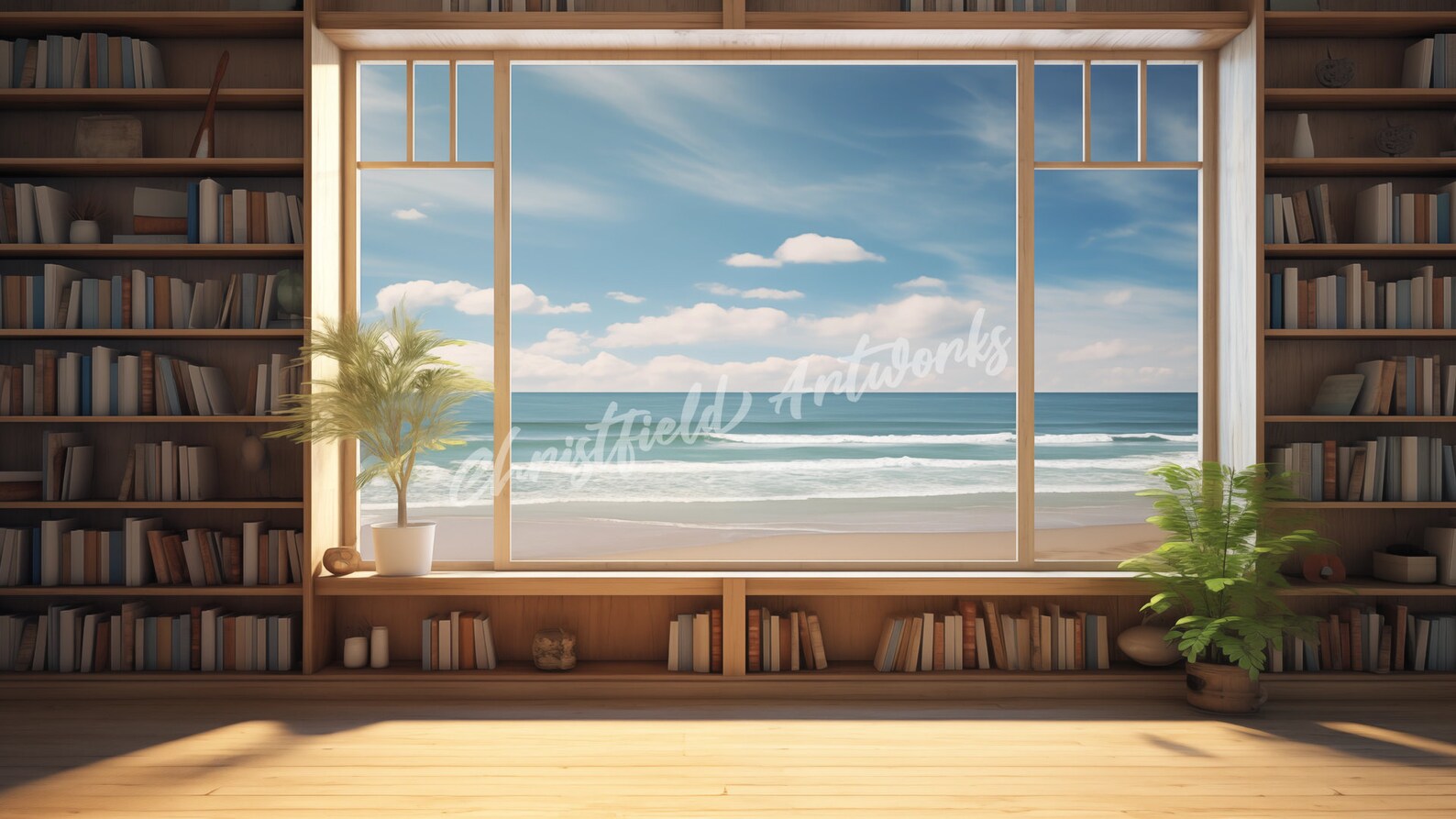 Ocean View Through Window With Bookshelves Background Image for Online ...