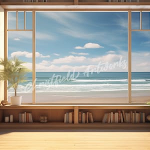 Ocean View Through Window With Bookshelves Background Image for Online ...