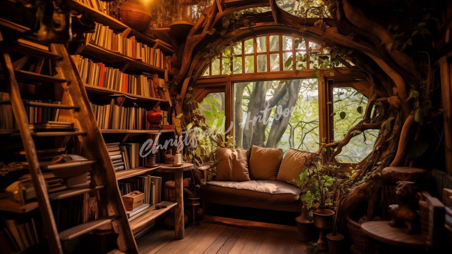 Treehouse With Bookshelves Background Image for Online Meetings ...