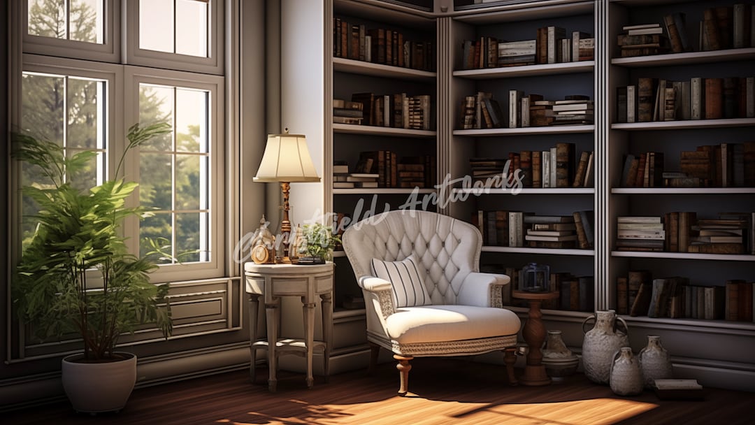 Large White Bookcases and Chair by the Window Background Image for ...
