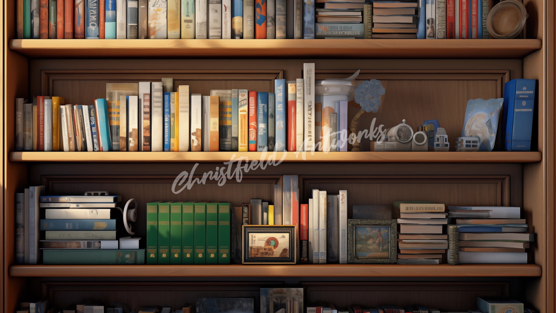 Oak Bookcase Closeup Background Image for Online Meetings, Colorful ...