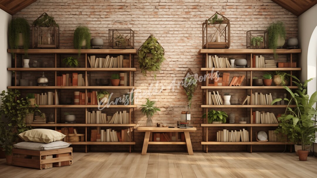 Industrial Rustic Bookshelves Background Image for Online Meetings ...