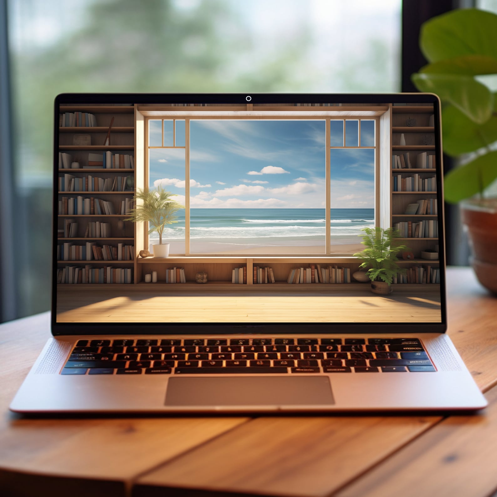 Ocean View Through Window With Bookshelves Background Image for Online ...