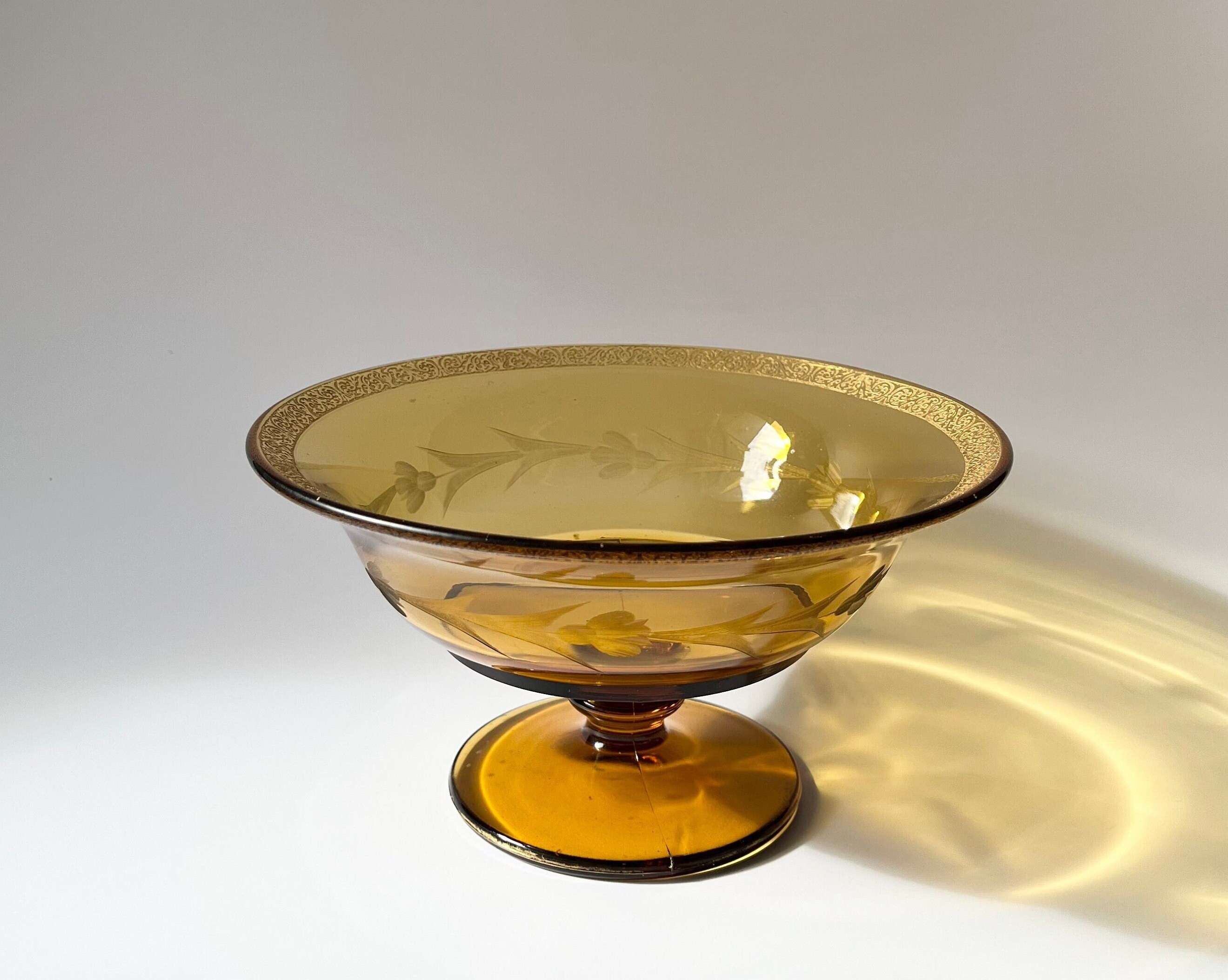 Vintage Mid Century Amber Depression Glass Bowl Gold Rim With Stand - Etsy