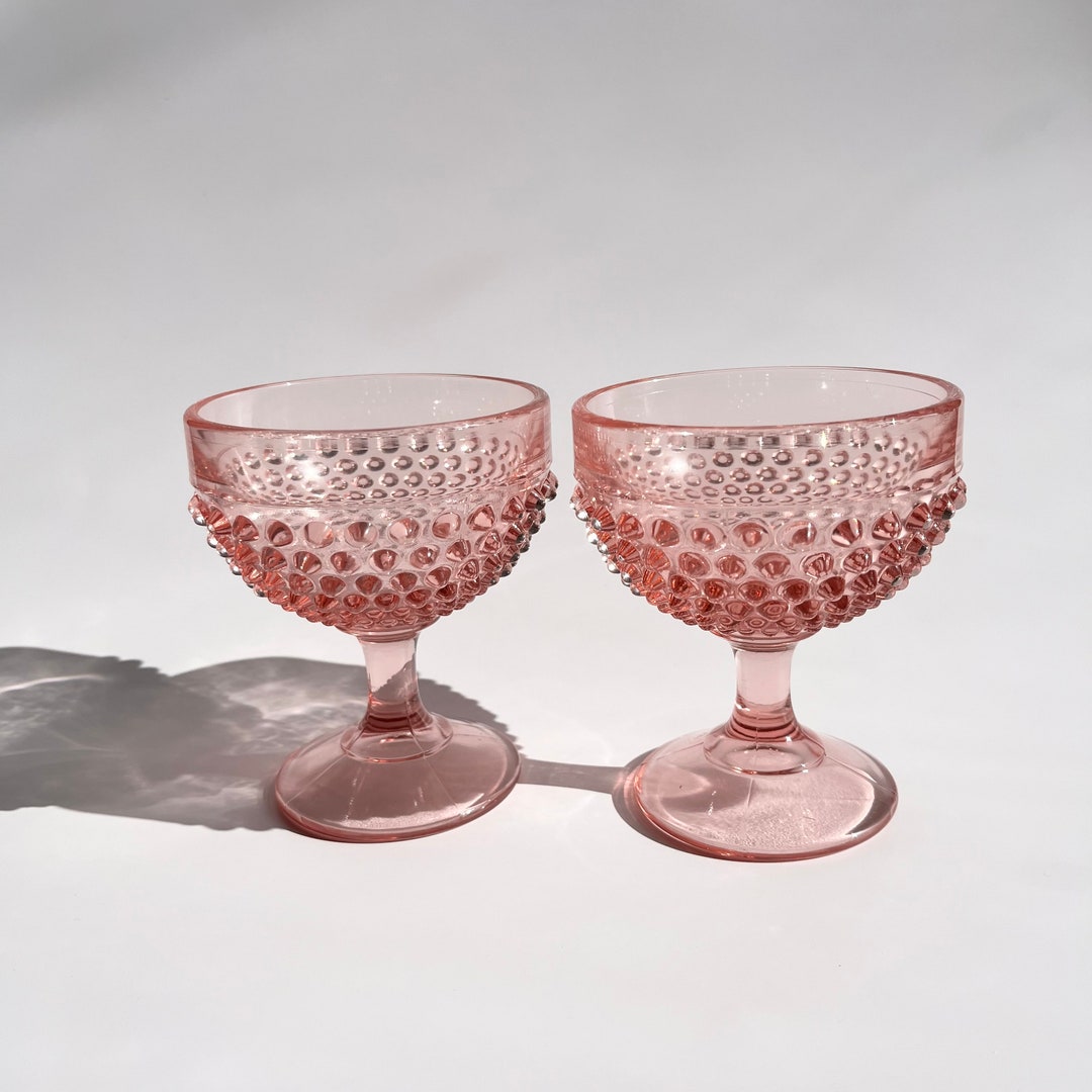 Vintage LE Smith Pink Glass Hobnail Coupe Depression Blush Glasses Set ...