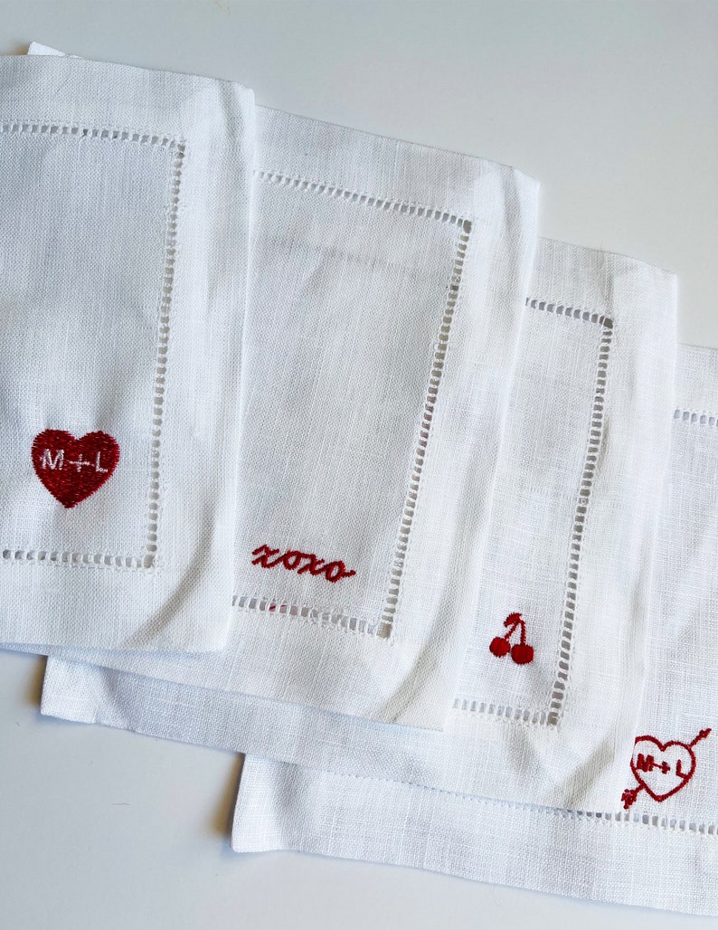 Custom Embroidered Linen Cocktail Napkins Personalized Heart Love Tiny ...