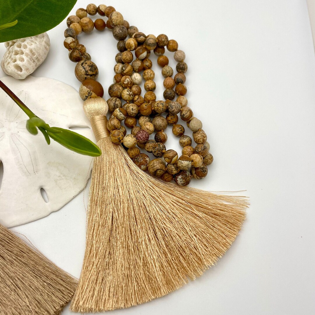108 Prayer Mala | Round Picture Jasper | Handmade | Meditation, Healing ...