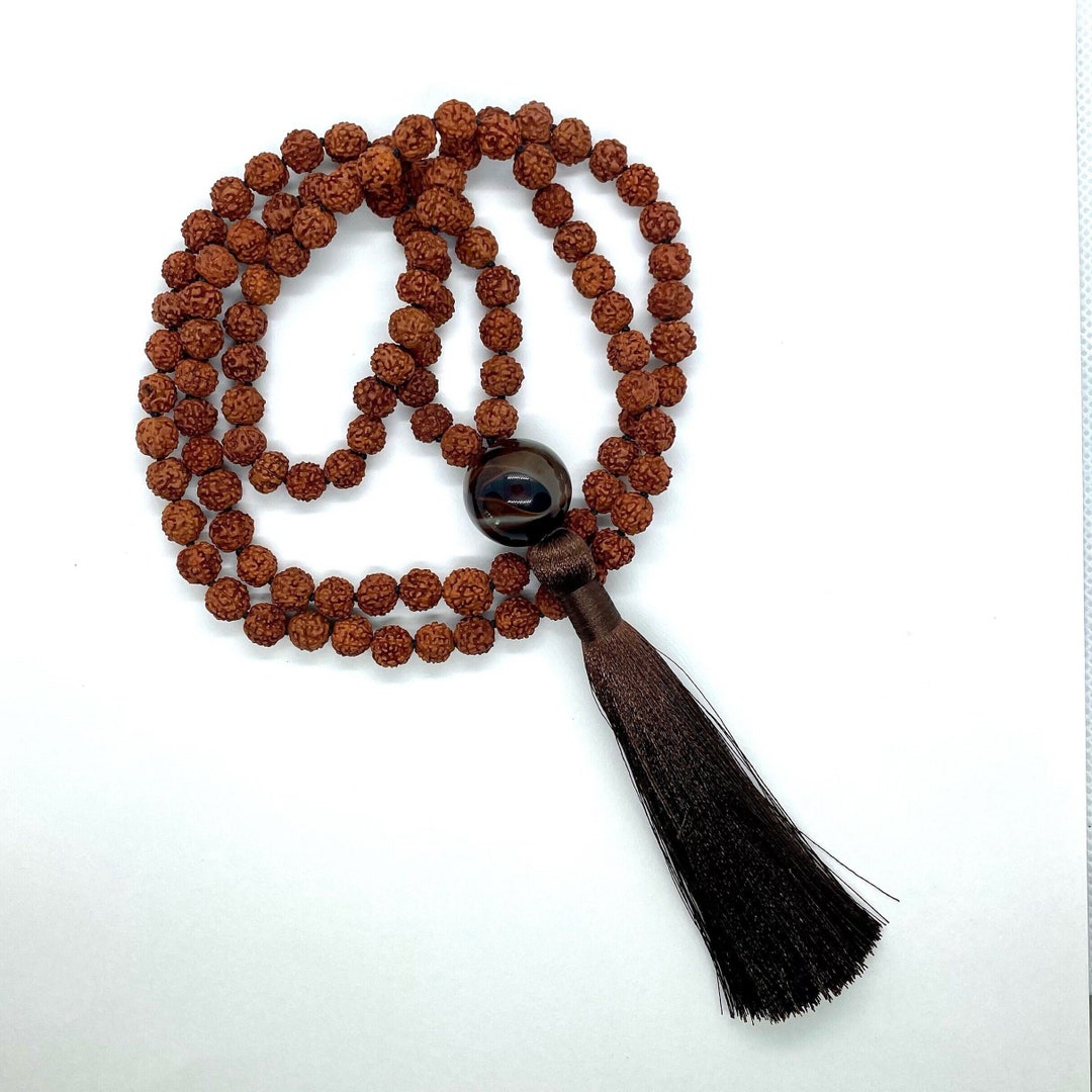 108, Mala, Rudraksha Seed Beads, Botswana Agate Guru, Handmade ...