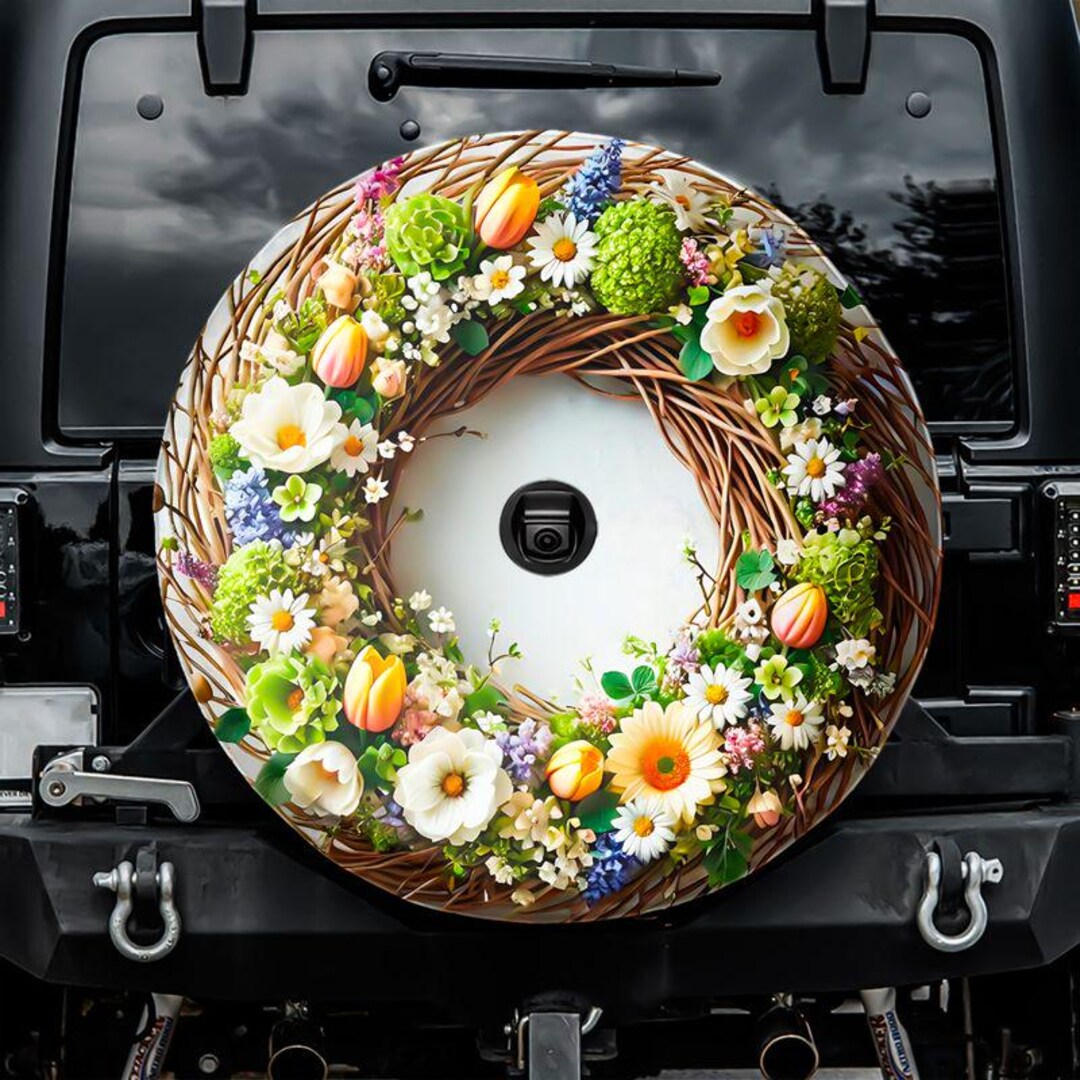 Spring Flowers Wreath Spare Tire Cover, With Camera Hole, for Jeep, for ...