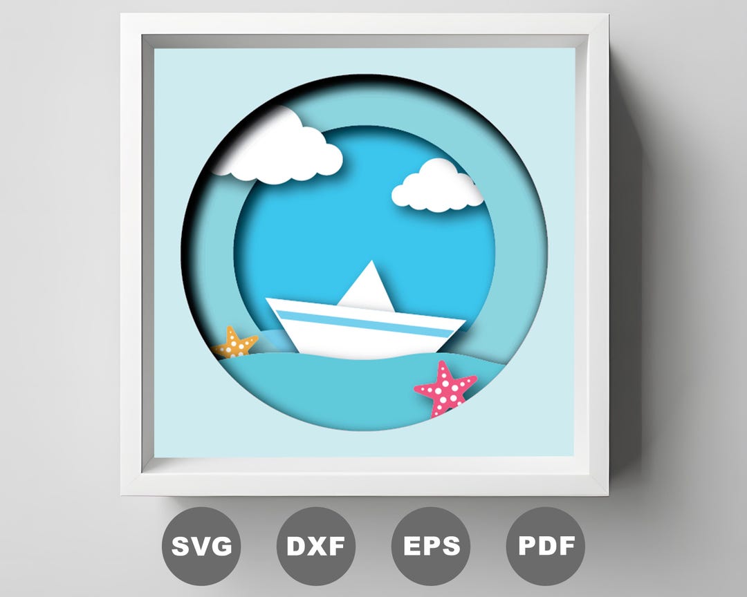 3D Boat Shadow Box SVG: Layered Ocean Scene, DIY Paper Cut (digital ...
