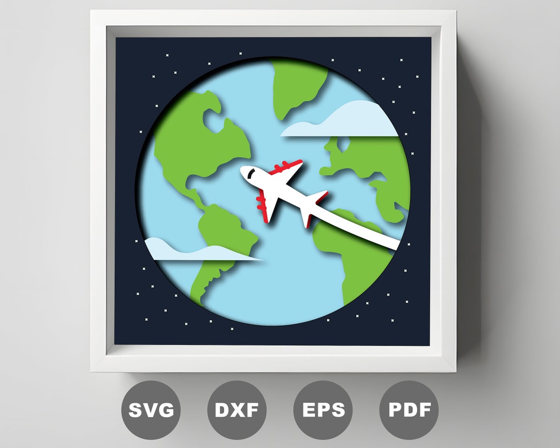 Airplane and Earth Shadow Box , 3D Layered Airplane and Earth SVG ...