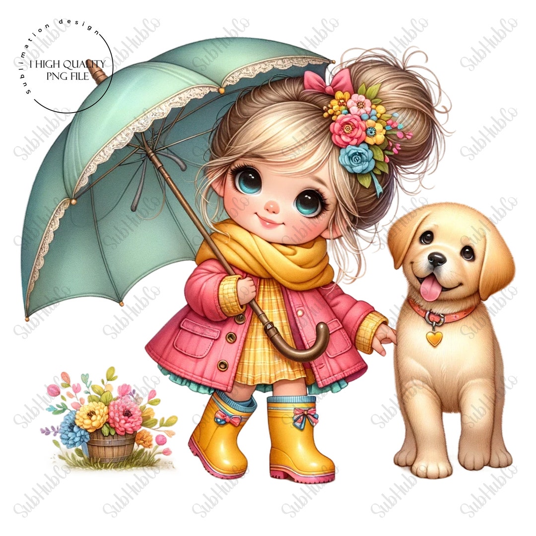 Cute Girl With Puppy, Spring, Png, DTF, UV Transfer, Transparent ...