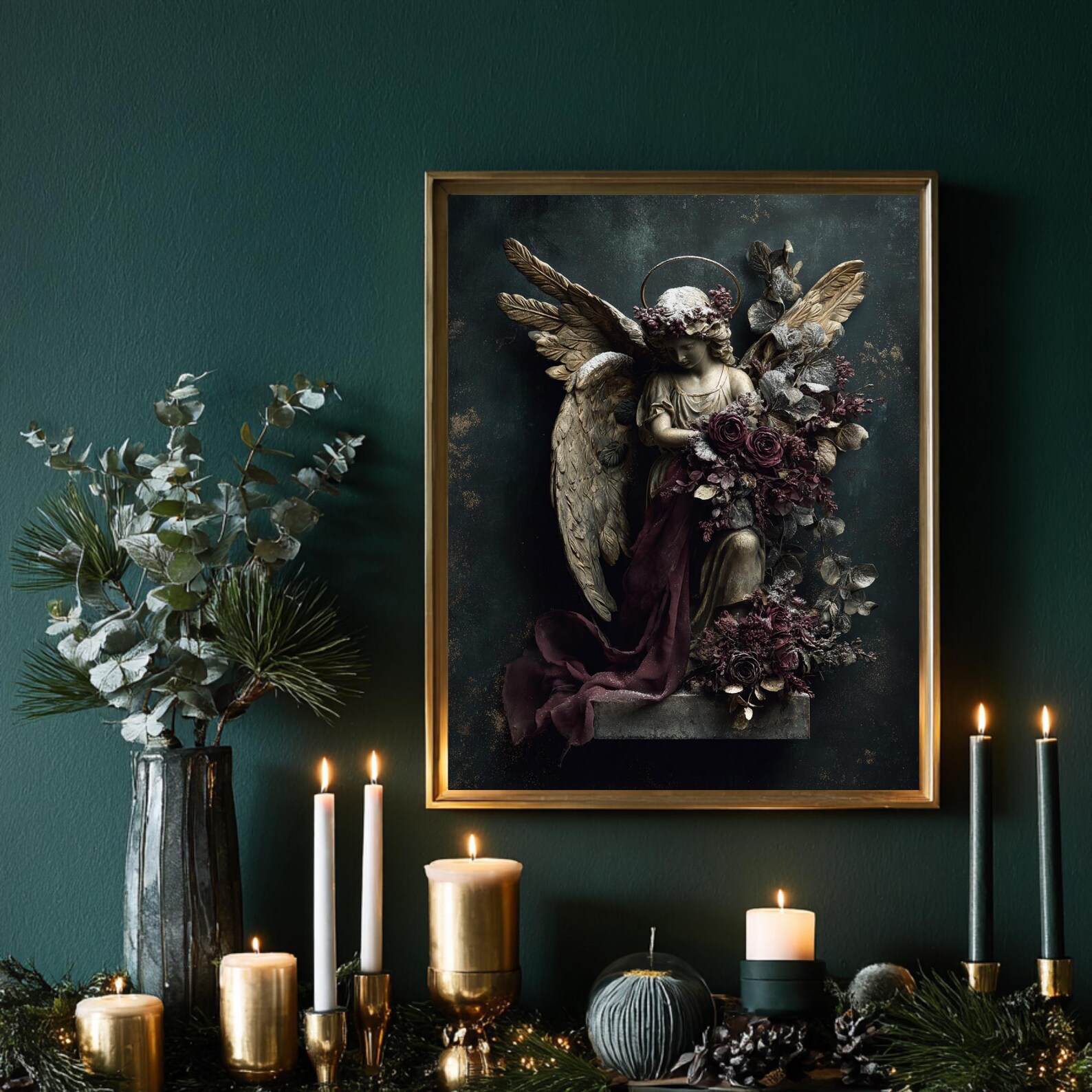Moody Christmas Angel Oil Painting: Dark Gothic Floral Art (digital ...