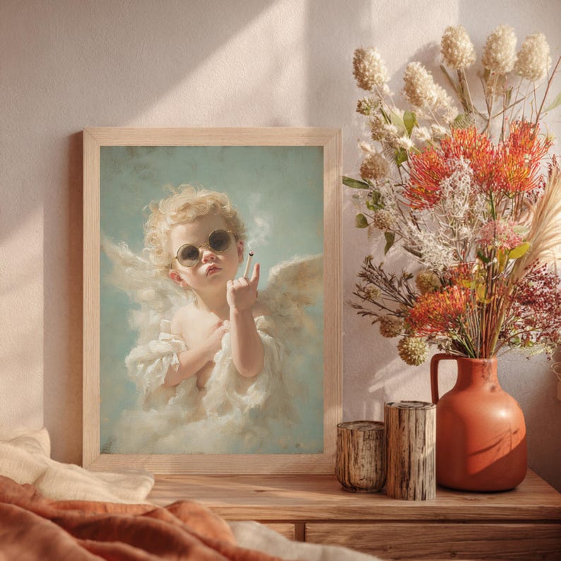 Vintage Smoking Cherub With Sunglasses Wall Art: Retro Funny Poster ...