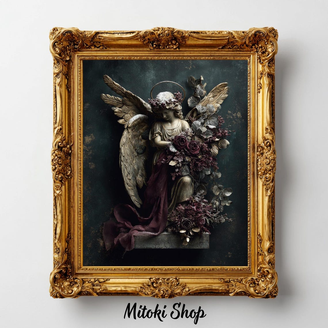 Moody Christmas Angel Oil Painting: Dark Gothic Floral Art (digital ...