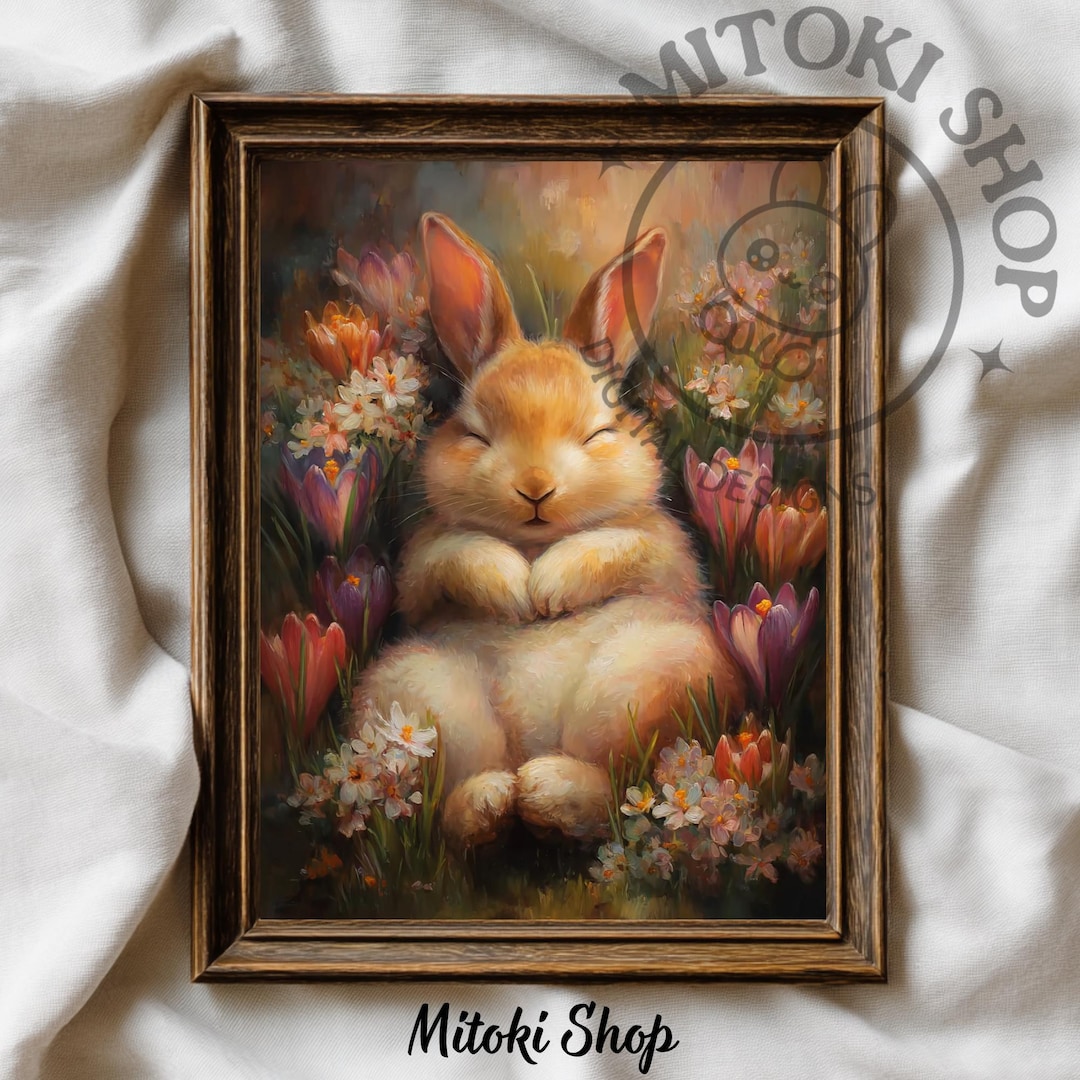 Vintage Cottagecore Rabbit in Floral Meadow Wall Art: Easter Decor and ...