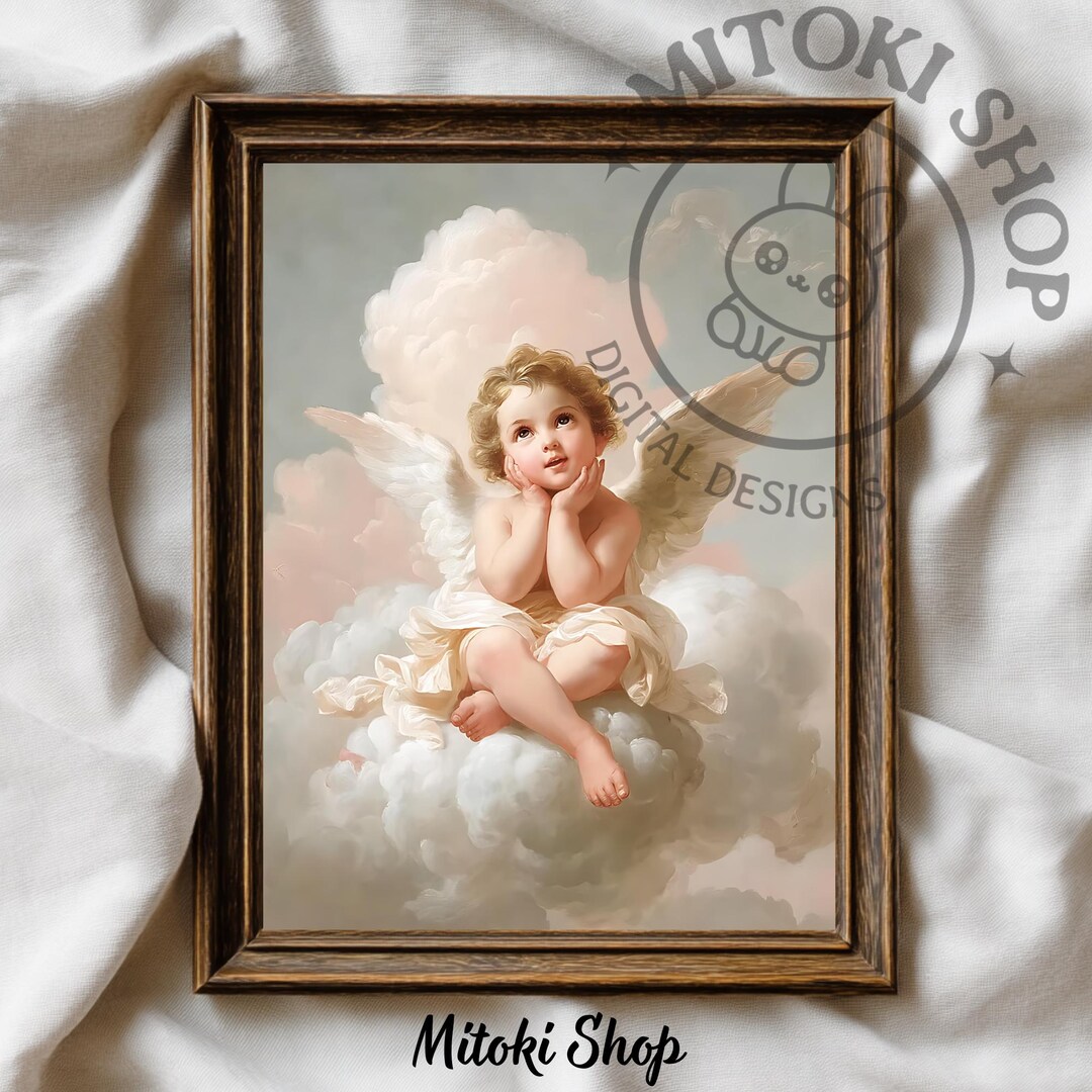 Romantic Antique Cherub Wall Art: Renaissance Cupid on Cloud, Elegant ...