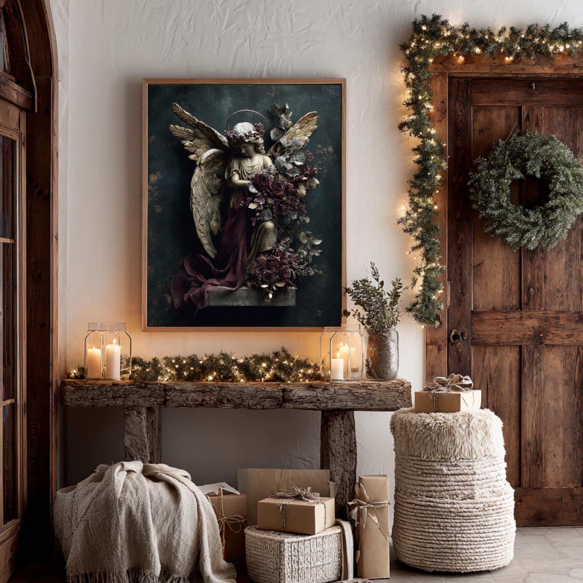 Moody Christmas Angel Oil Painting: Dark Gothic Floral Art (digital ...