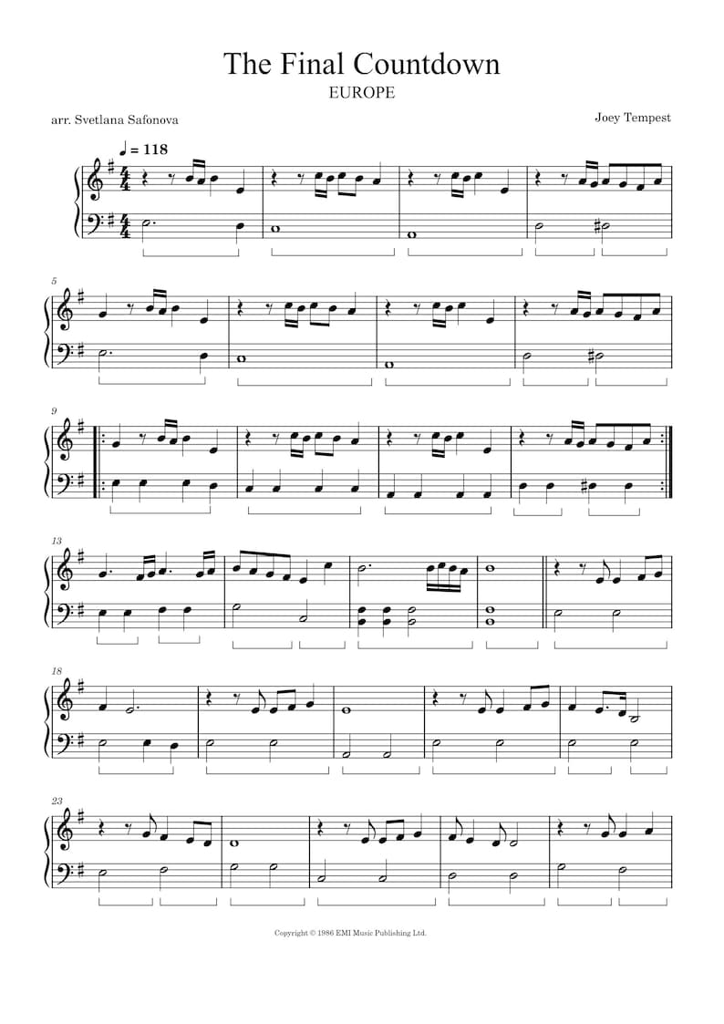 The Final Countdown Europe Easy Piano Sheet Music - Etsy