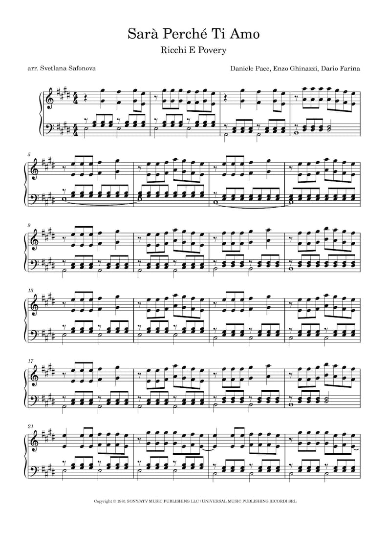 Sara Perche Ti Amo Ricchi E Poveri Intermediate Piano Sheet Music (full ...