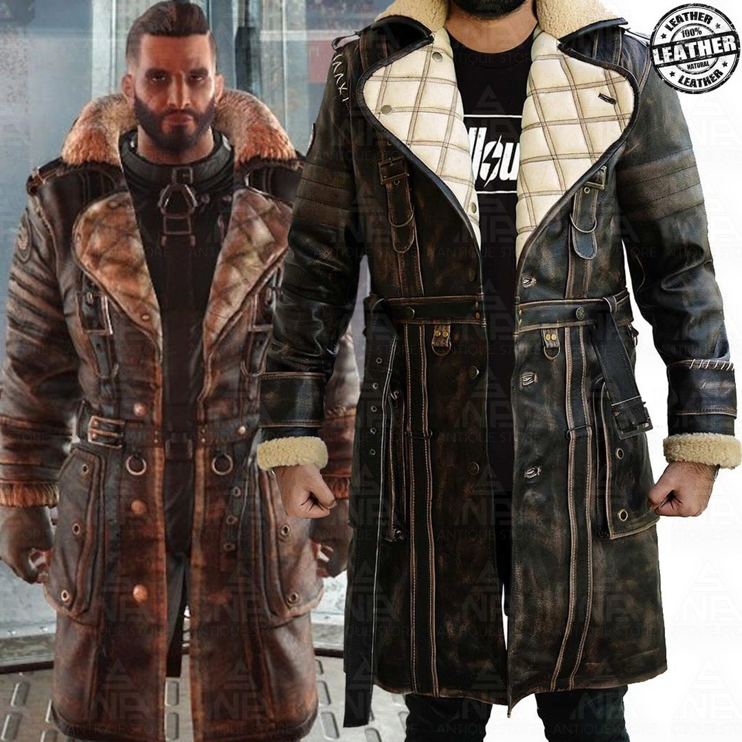 Elder Maxson Fallout 4 Battle Shearling Brown Coat Cowhide Leather Long ...