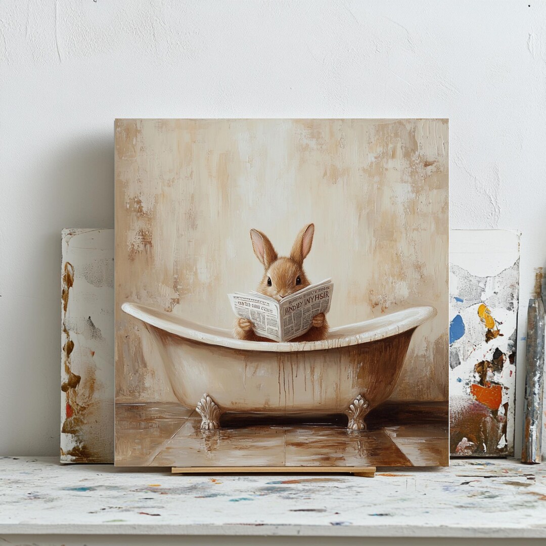Bunny in Bathtub Wall Art Rabbit Soak Decor Bathing Bunny Art Relaxed ...