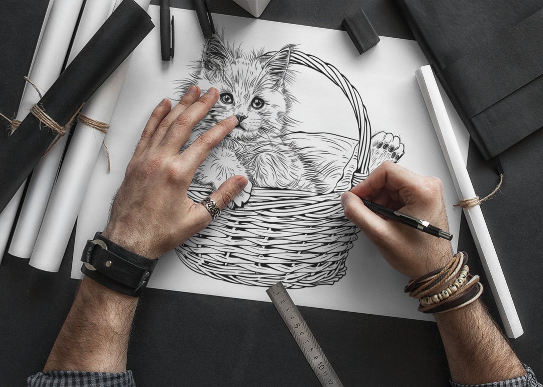 Set of 8 Coloring Pages, Cat in Basket Coloring, Relaxation Activity ...