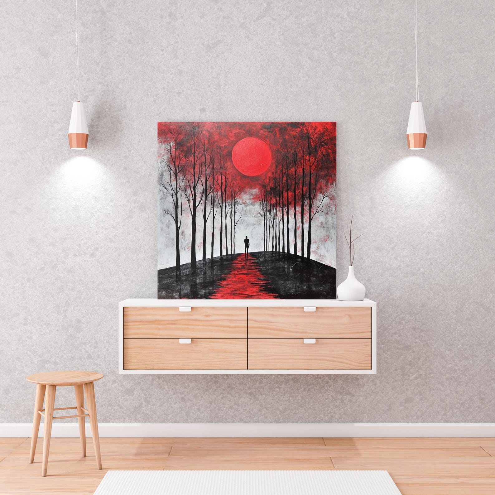 Red Moon Art, Dark Tree Art, Red Black Forest, Abstract Tree Art, Red Tree Art, Night Forest Art ...