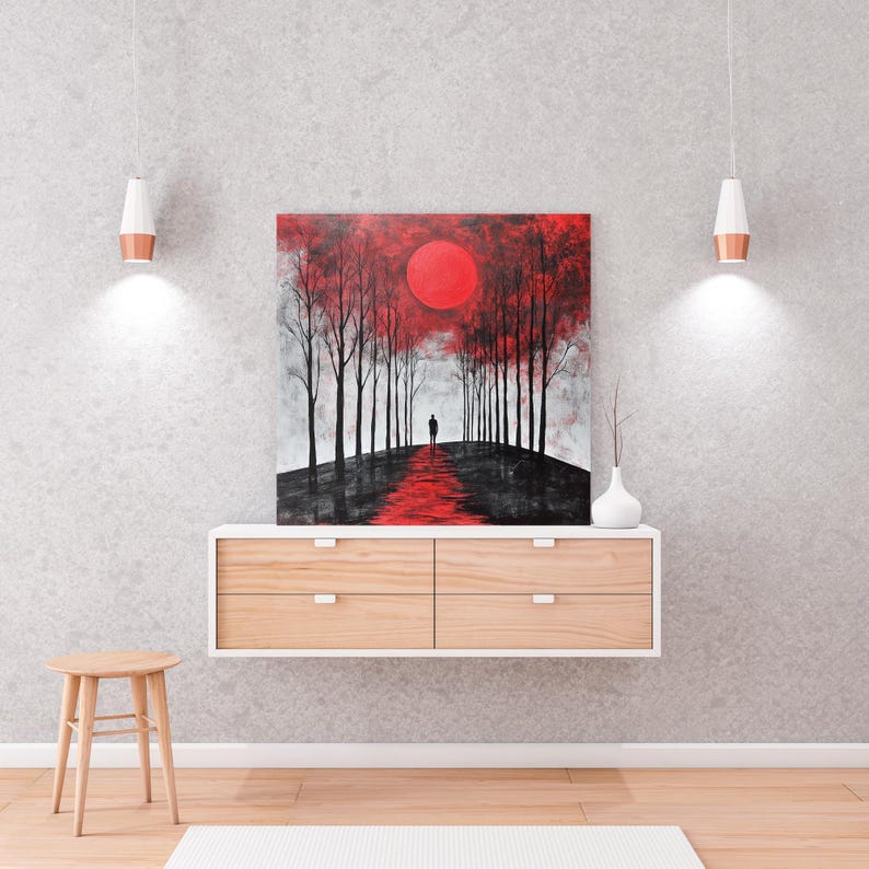 Red Moon Art, Dark Tree Art, Red Black Forest, Abstract Tree Art, Red ...