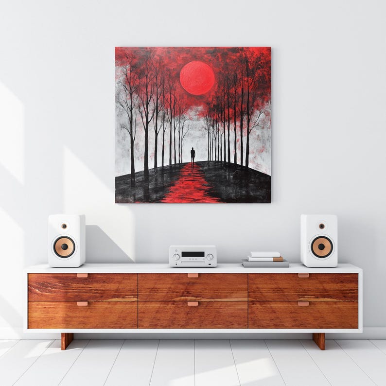 Red Moon Art, Dark Tree Art, Red Black Forest, Abstract Tree Art, Red ...