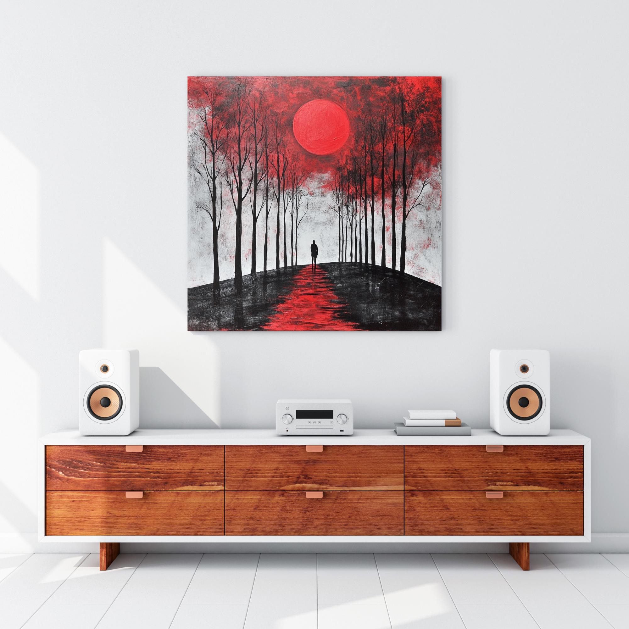 Red Moon Art, Dark Tree Art, Red Black Forest, Abstract Tree Art, Red Tree Art, Night Forest Art ...