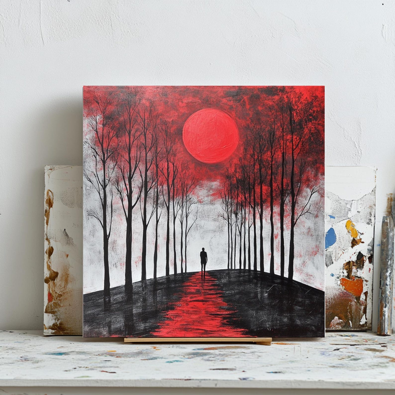 Red Moon Art, Dark Tree Art, Red Black Forest, Abstract Tree Art, Red Tree Art, Night Forest Art ...
