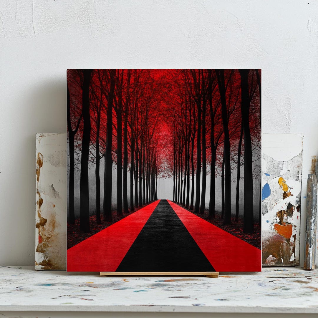 Dark Forest Scene, Dark Tree Art, Red Black Forest, Black Red Art, Moody Tree Art, Silhouette ...